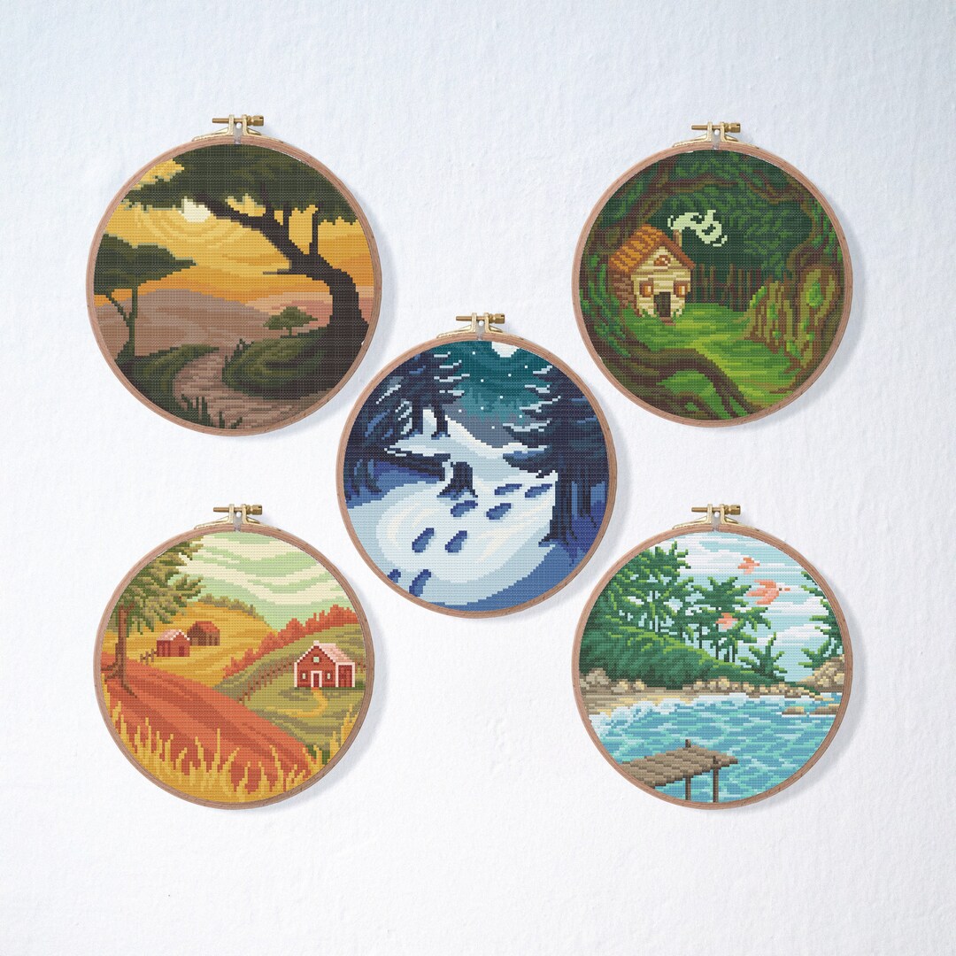 Nature Cross Stitch Pattern Set , Easy Trees Landscape Pattern Bundle ...