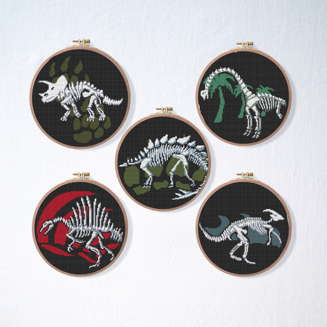 Skeleton Dinosaurs Cross Stitch Pattern Set | Goth Cross Stitch Pattern ...
