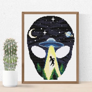 Alien Silhouette Cross Stitch Pattern, Nature Moon Stars Embroidery ...