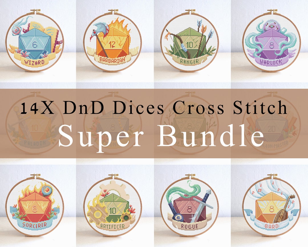14 DND Dice Classes Cross Stitch Pattern Set , Game RPG Cross Stitch ...
