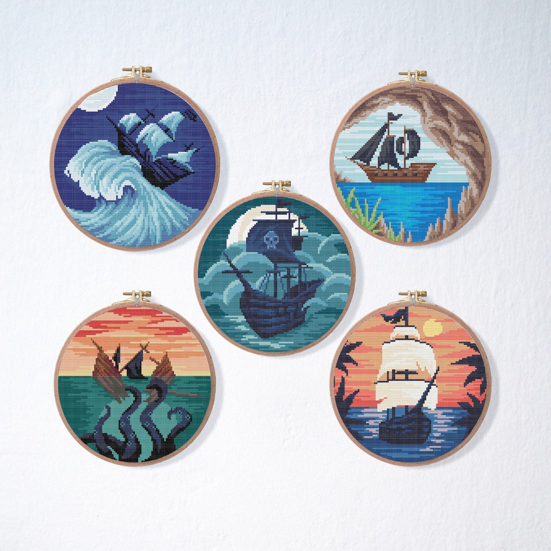 Pirate Ships Cross Stitch Pattern Set , Kraken Cross Stitch Pattern ...