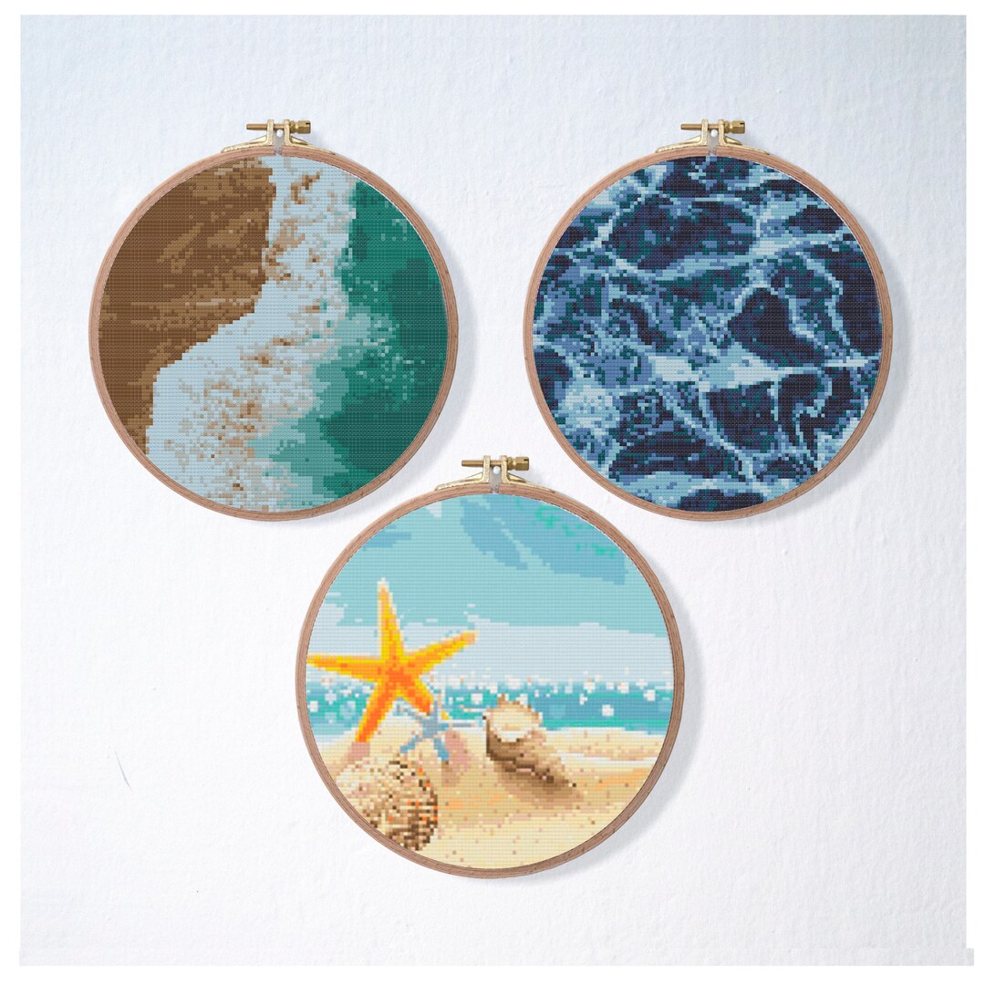 Realistic Ocean Cross Stitch Pattern Set , Beach Waves Pattern , Roud ...