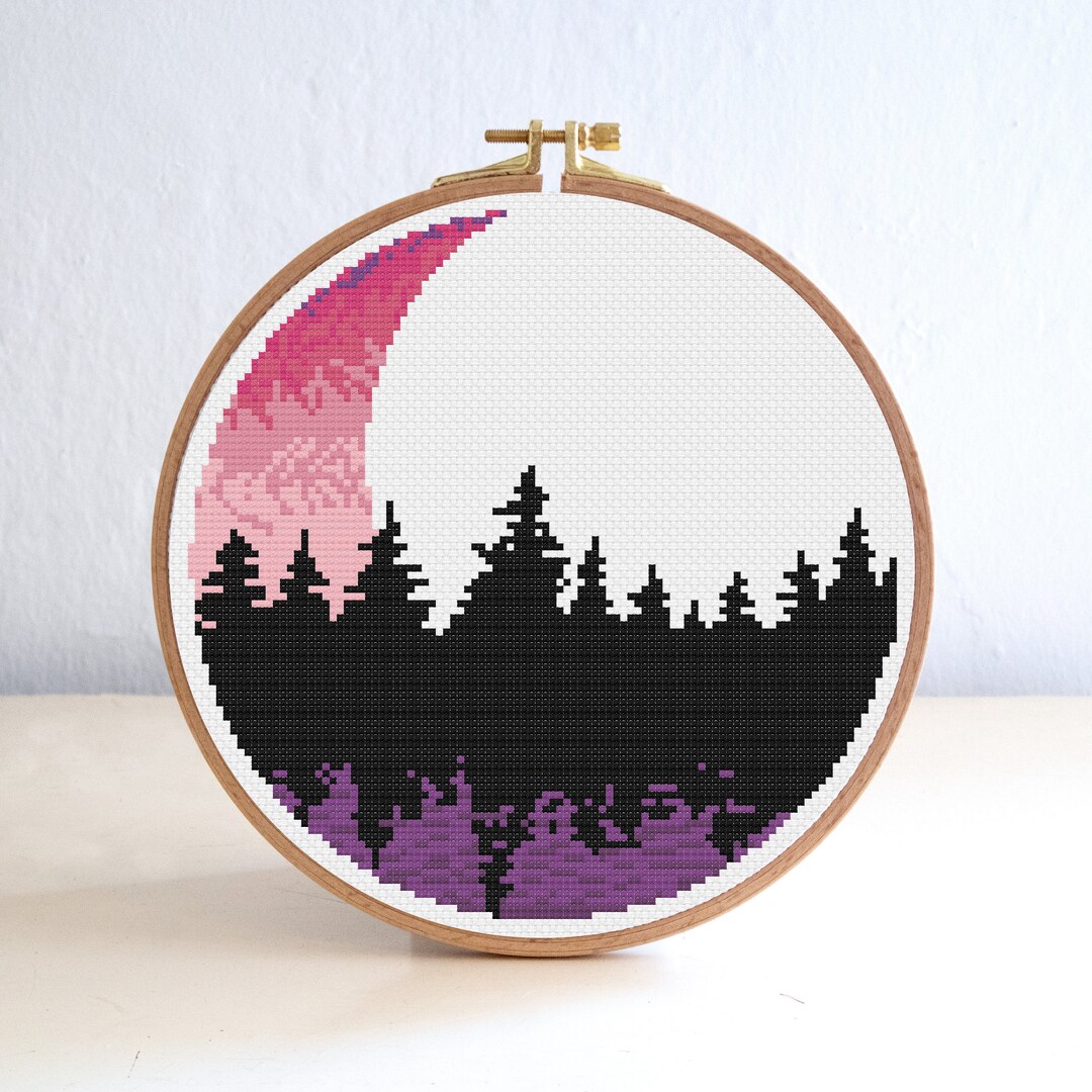 Half Moon Cross Stitch Pattern, Silhouette Cross Stitch Pattern , Trees ...