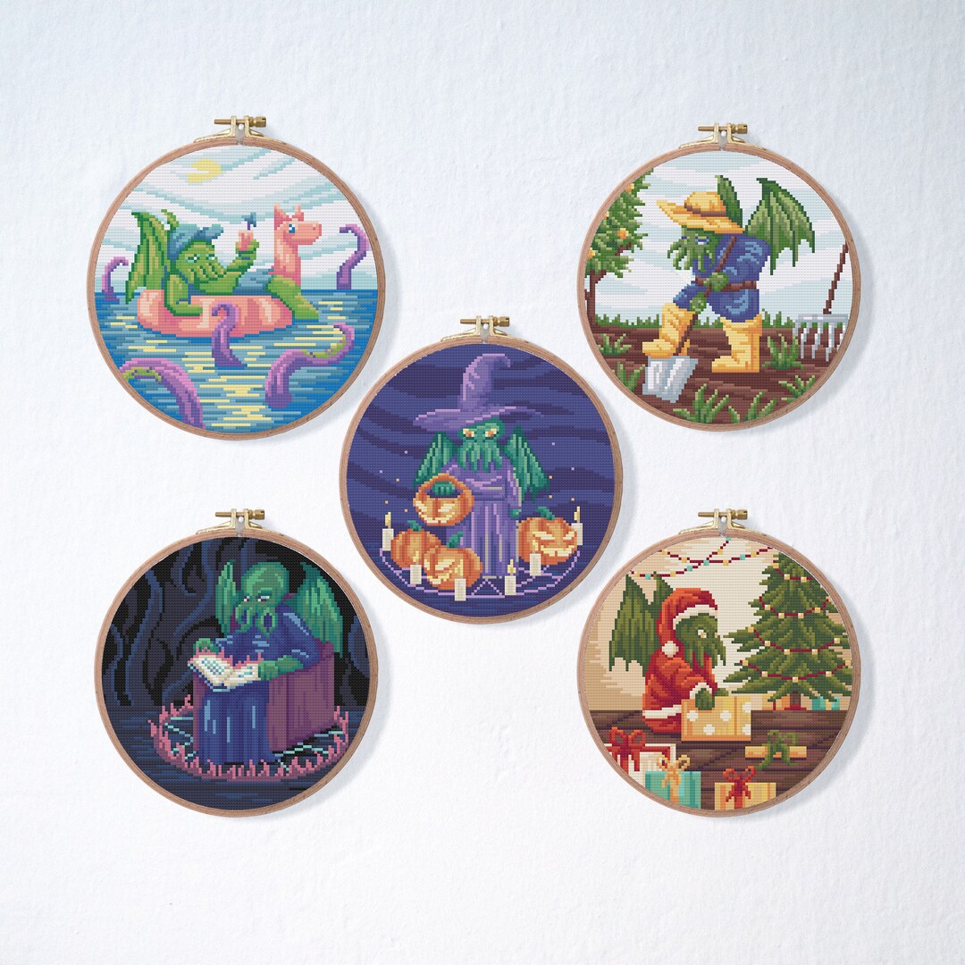 Cthulhu Funny Cross Stitch Pattern Set , Summer Monster Cross Stitch ...