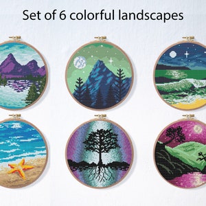 Nature Cross Stitch Pattern Set of Six, Easy Trees Landscape Embroidery ...