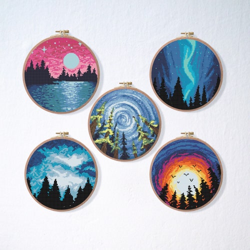 Nature Cross Stitch Pattern Set Easy Trees Landscape - Etsy