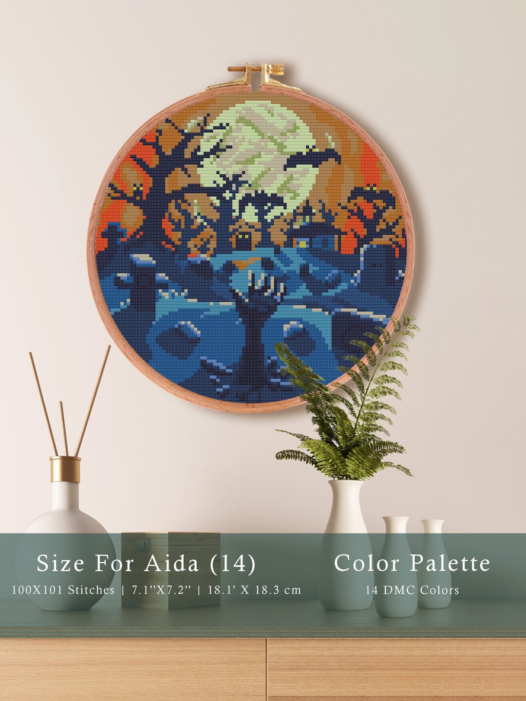 Halloween Zombie Cross Stitch Pattern, Moon Night Stars Cross Stitch ...