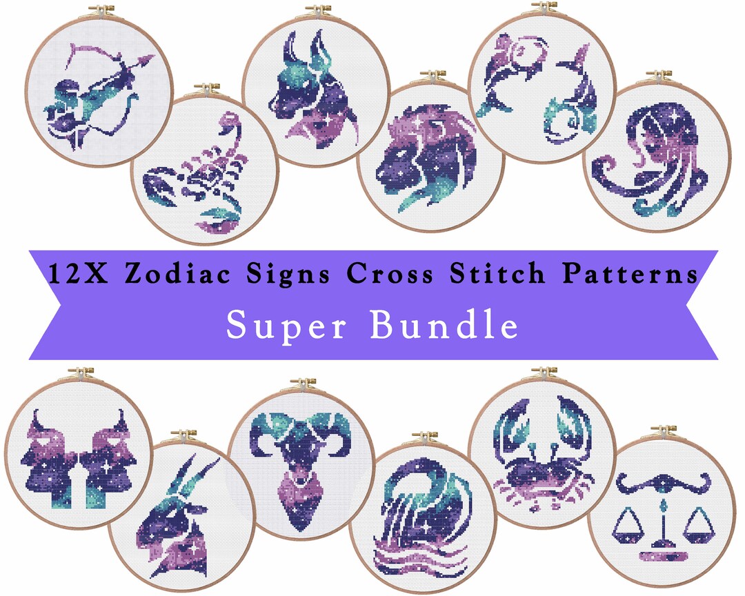 Zodiac Sign Silhouette Cross Stitch Pattern Set , Astrology Galaxy ...
