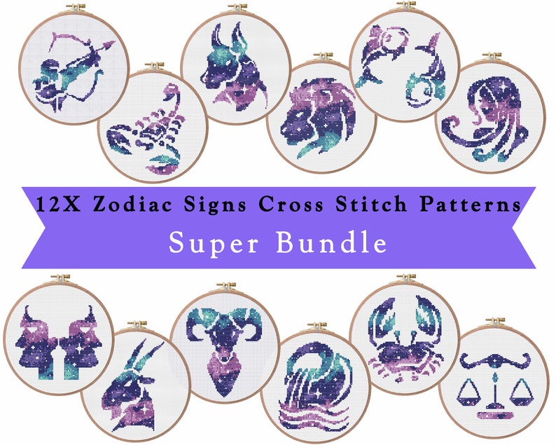 Zodiac Sign Silhouette Cross Stitch Pattern Set Astrology | Etsy