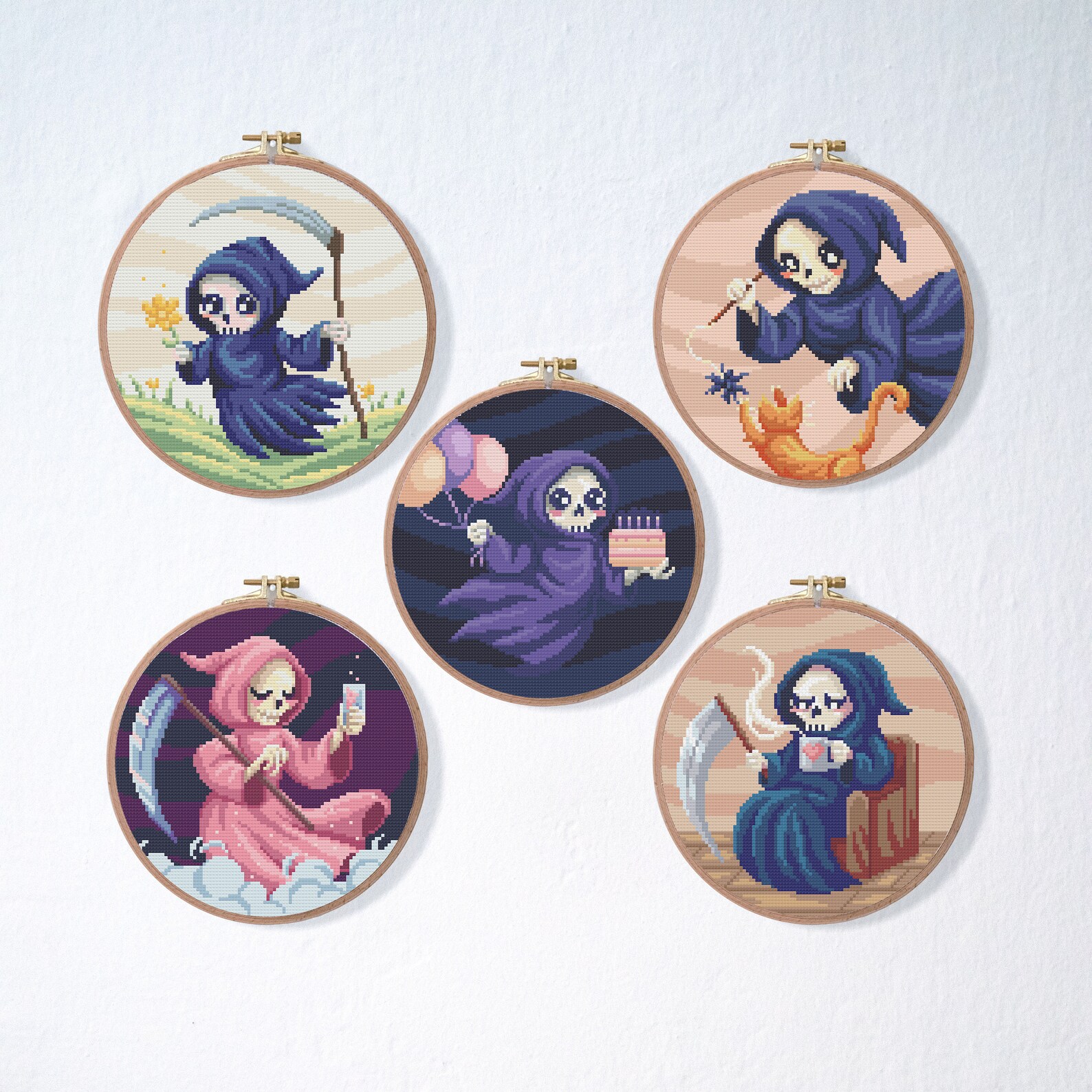 Grim Reaper Funny Cross Stitch Pattern Set Cute Halloween Cross Stitch ...