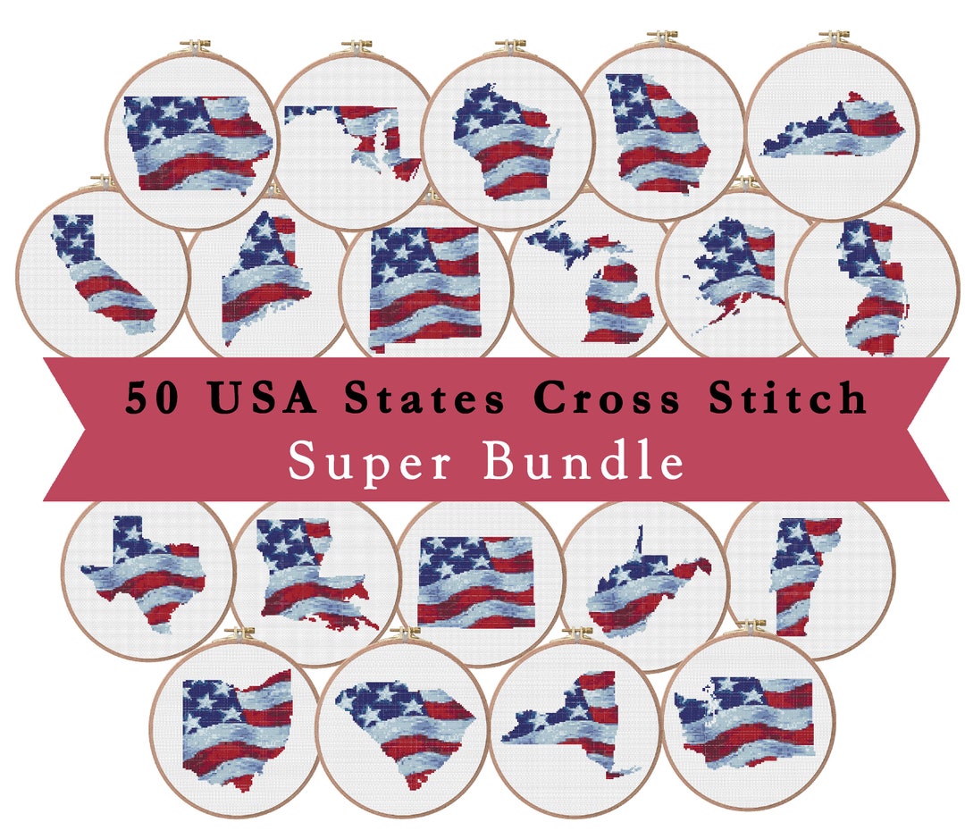 50 USA State Cross Stitch Pattern Set , United States Flag Cross Stitch ...