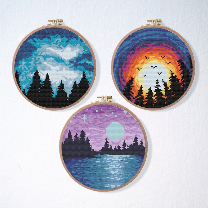 Nature Cross Stitch Pattern Set , Easy Trees Landscape Embroidery ...