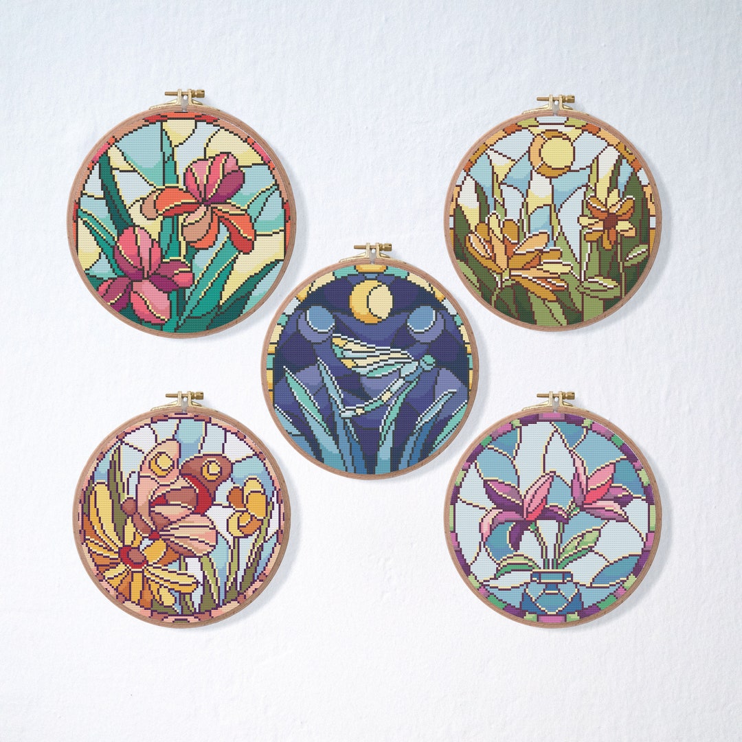 Stained Glass Cross Stitch Pattern Set , Flowers Cross Stitch Pattern ...