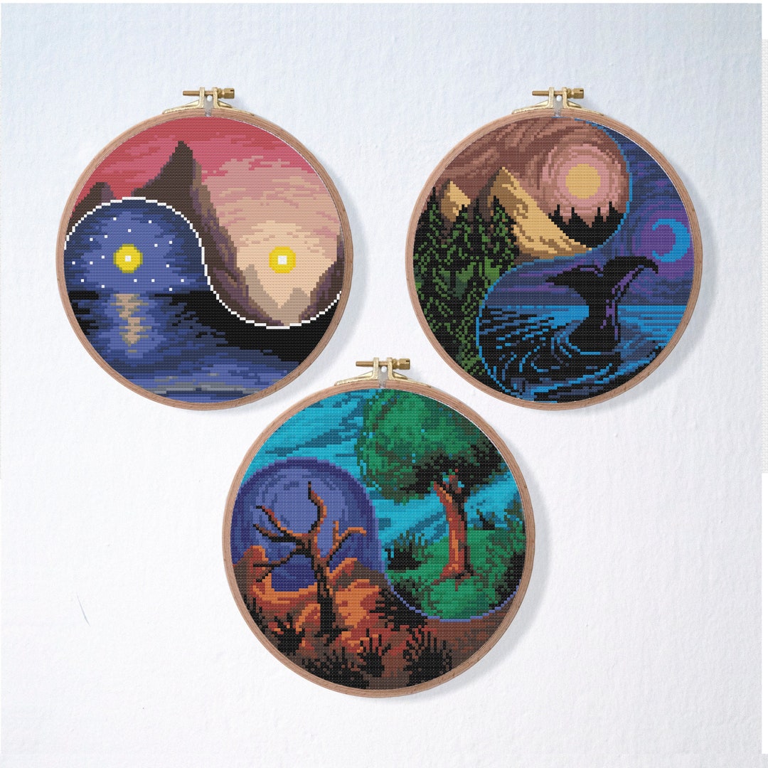 Yin Yang Nature Landscape Cross Stitch Pattern Set, Easy Sea Ocean ...