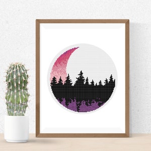 Half Moon Cross Stitch Pattern, Silhouette Cross Stitch Pattern , Trees ...