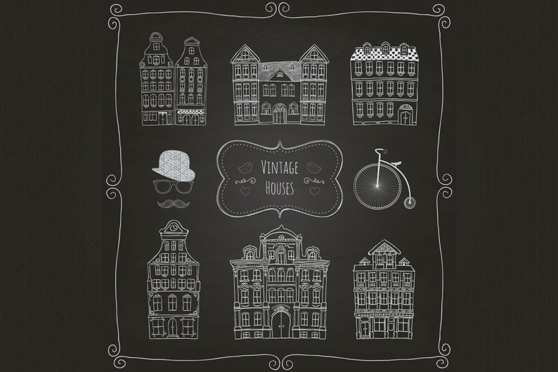 Set of Colorful Black and White Chalk Drawing Vintage Old - Etsy