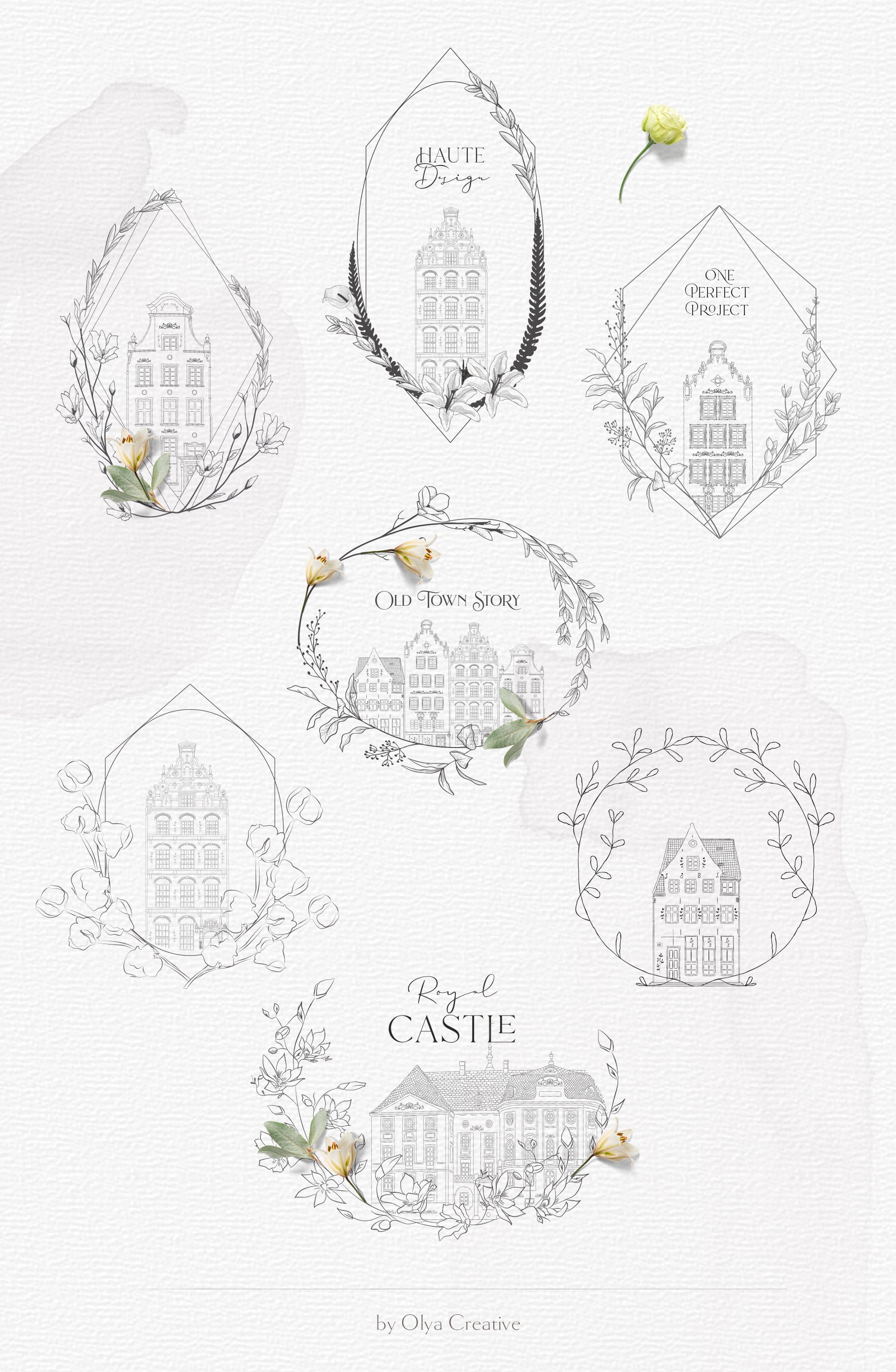 Old Town. Hand-drawn Authentic Vintage Houses Feminine | Etsy