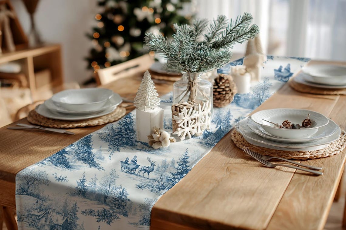 Vintage Winter Toile Seamless Pattern Blue White Snowy Village Scene ...