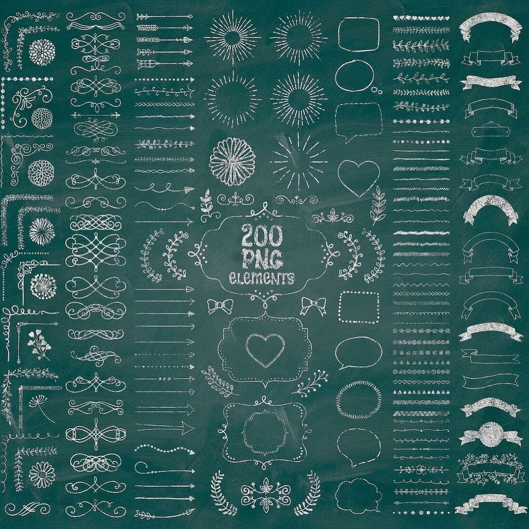 Big Set of 200 Chalk Drawing Hand Sketched Rustic Decorative Doodle ...