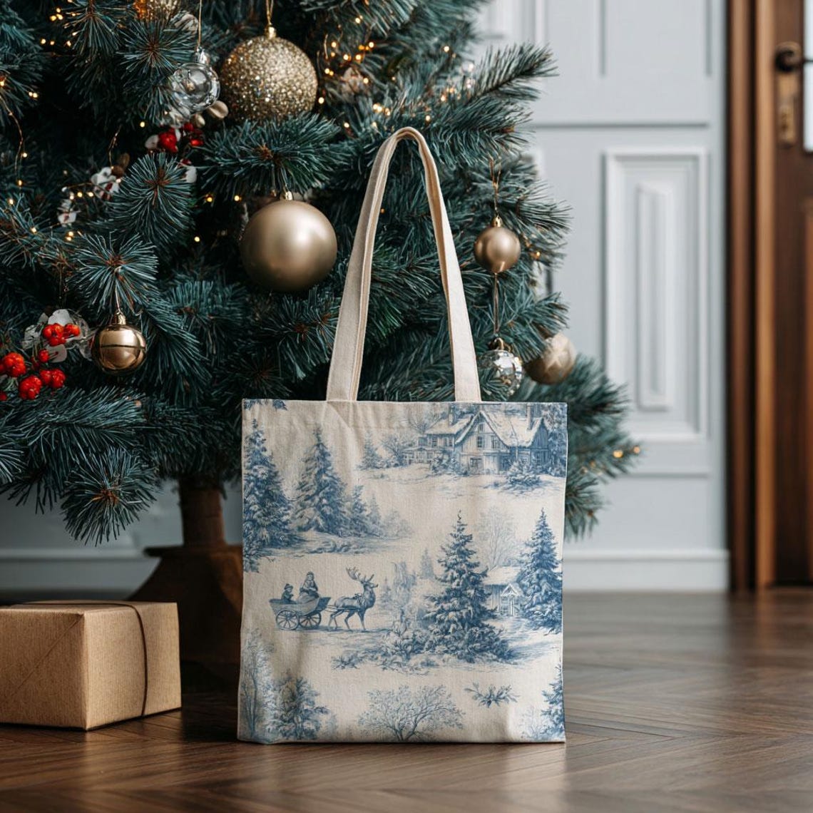 Vintage Winter Toile Seamless Pattern Blue White Snowy Village Scene ...