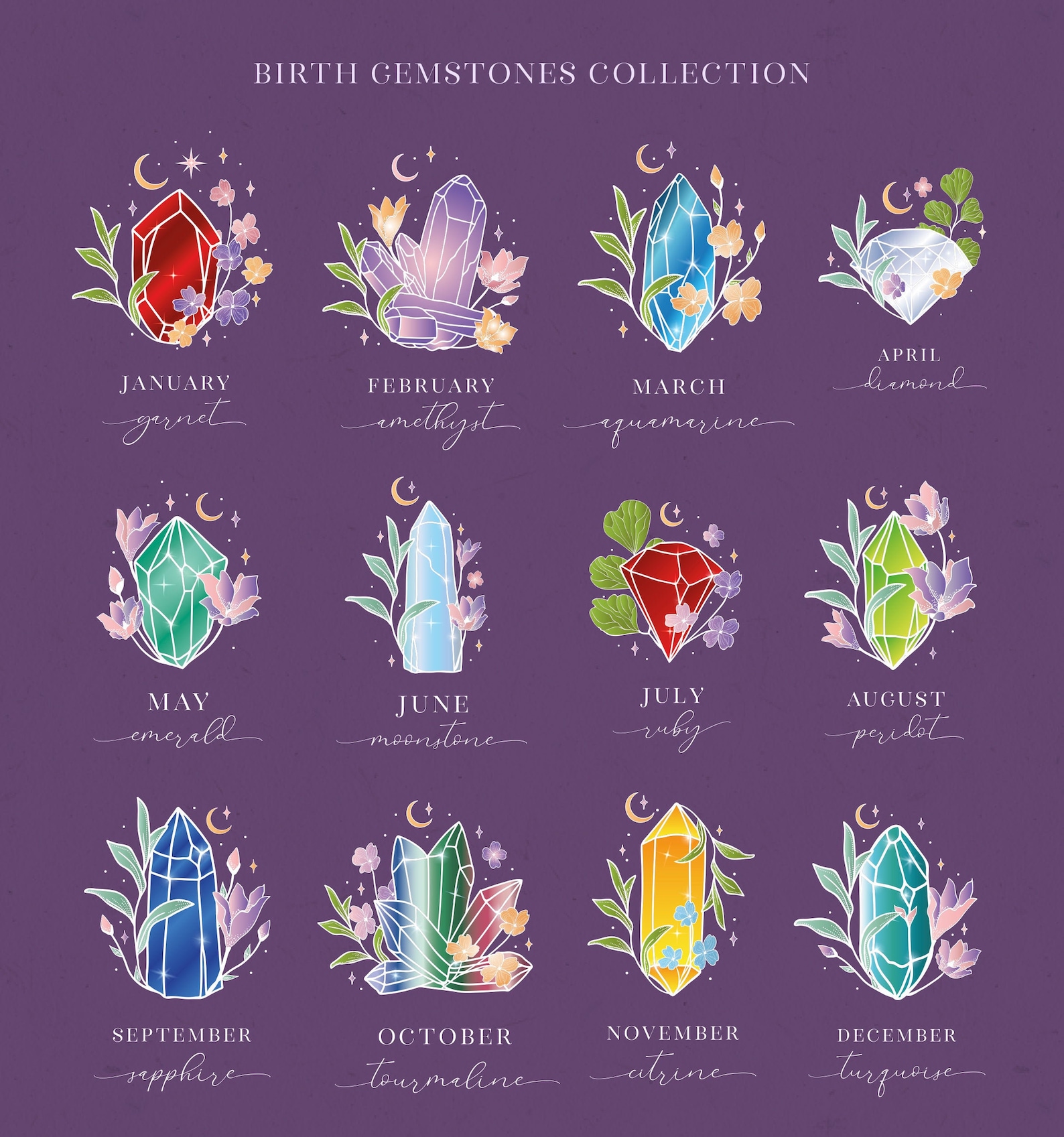 Hand Painted Birthstones Gems Illustration Collection Set of | Etsy