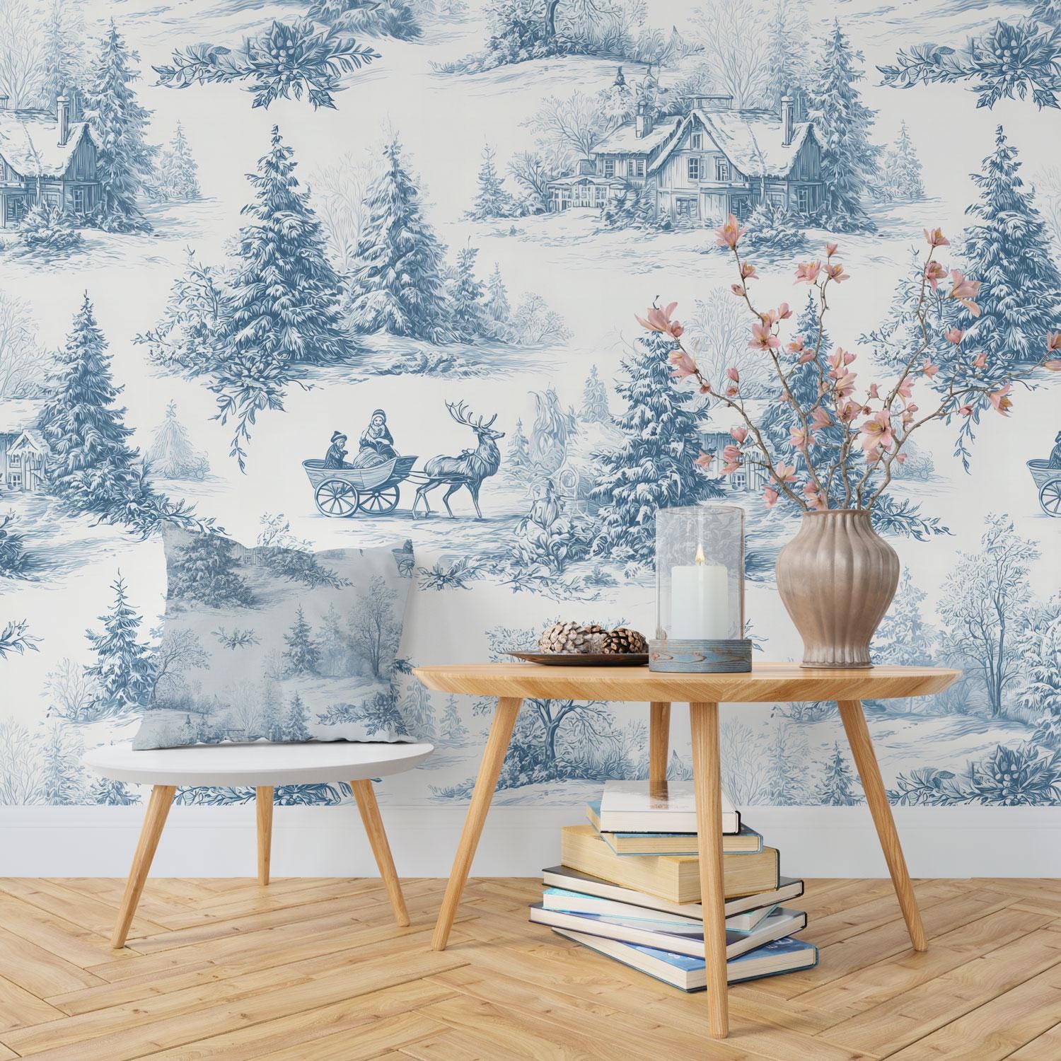 Vintage Winter Toile Seamless Pattern Blue White Snowy Village Scene ...
