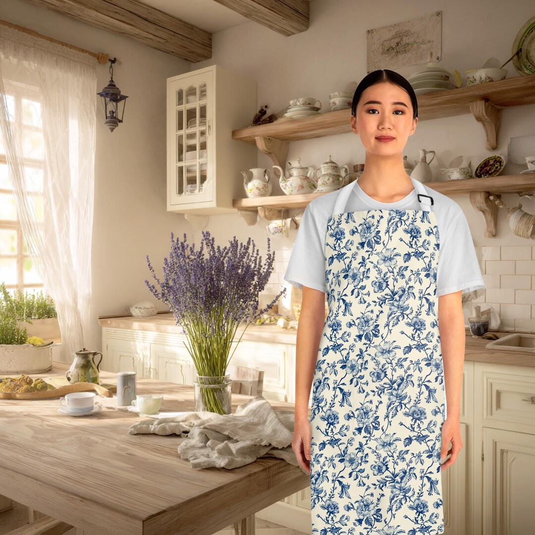 Vintage Blue Toile De Jouy Apron, Cottagecore Kitchen Wear, Elegant ...