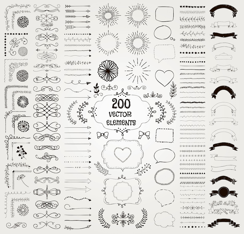 Set of 200 Hand Sketched Rustic Decorative Doodle Design. Individual ...