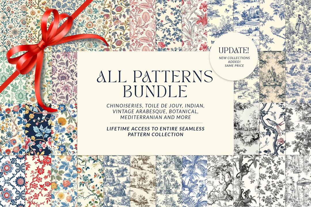 500+ Seamless Patterns Mega Bundle, Toile De Jouy Chinoiseries Indian, Lifetime Access, Seamless ...