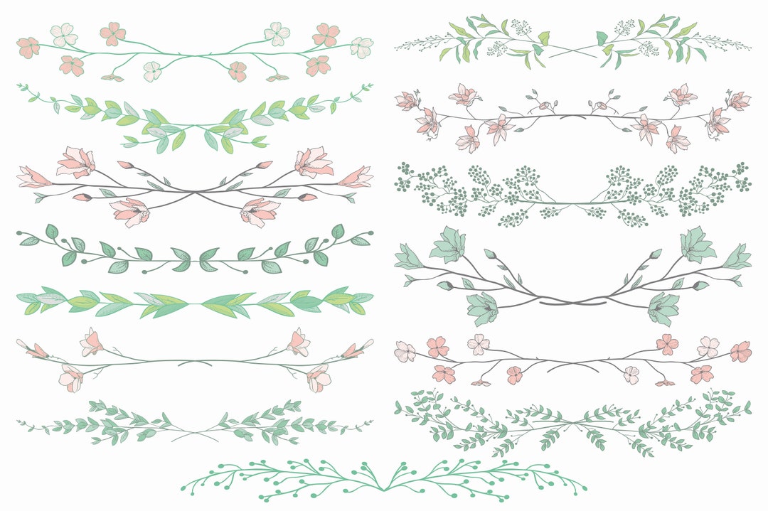 Colorful Hand Drawn Floral Dividers, Line Borders With Branches, Herbs ...