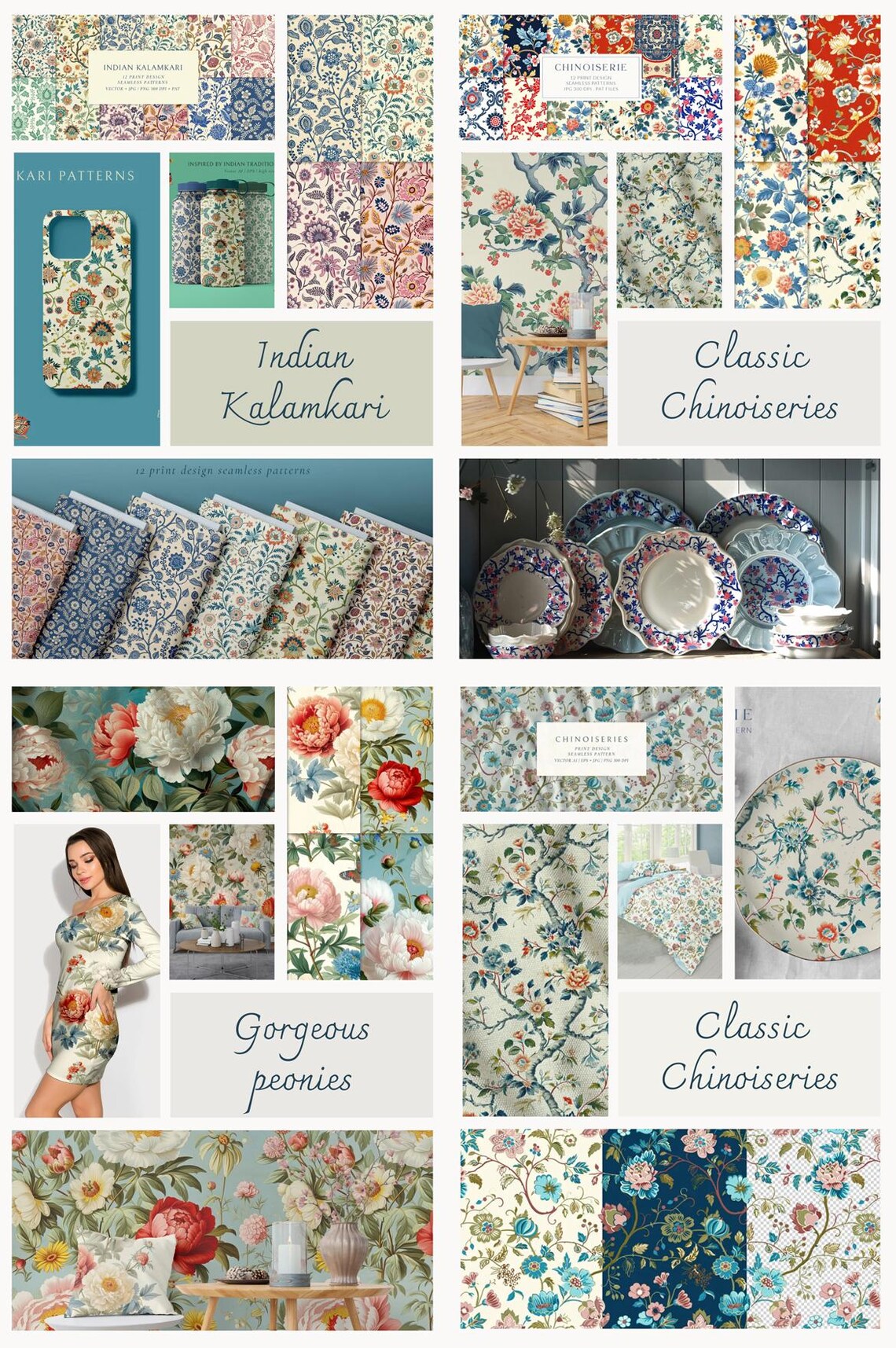 450+ Seamless Patterns Mega Bundle, Toile De Jouy Chinoiseries Indian ...