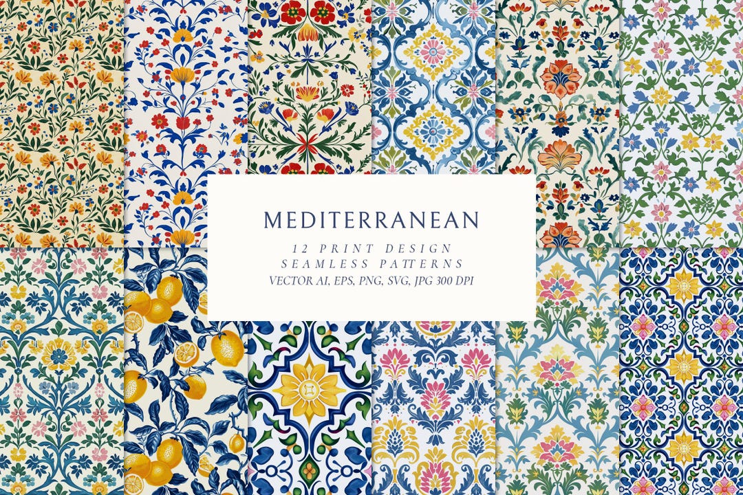 12-print Mediterranean Seamless Patterns Collection. Timeless Ethnic ...