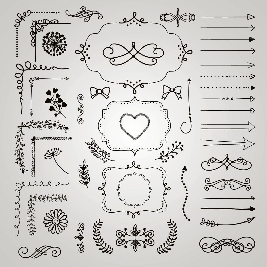 Sketched Rustic Decorative Hand Drawn Elements, Objects, Dividers ...