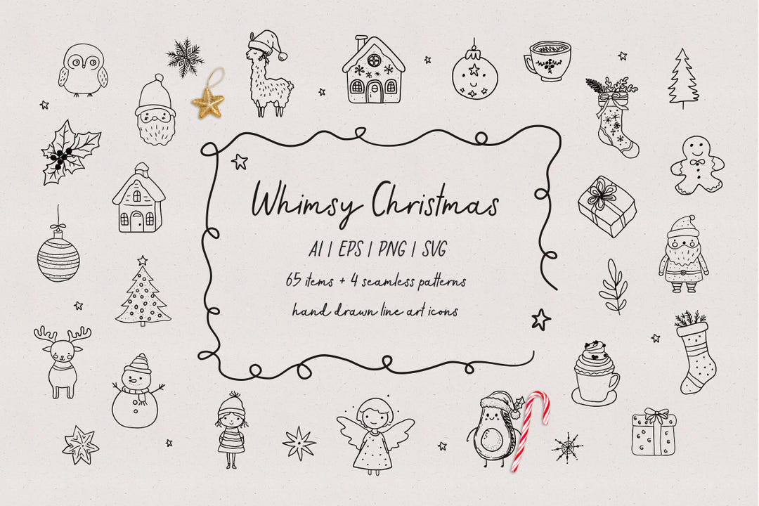 Christmas Hand Drawn Whimsical Line Art Icons Patterns Collection Xmas ...