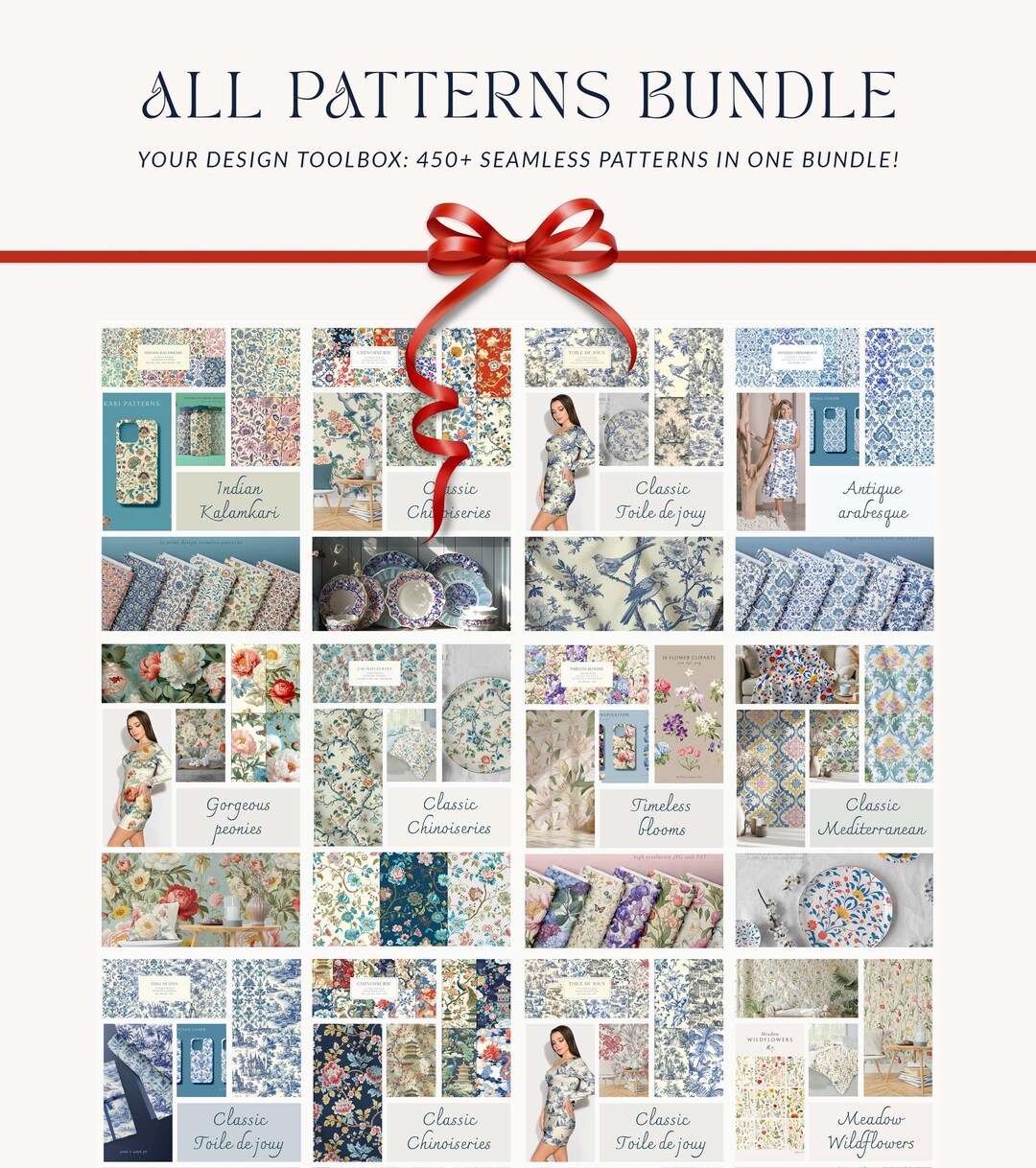 450+ Seamless Patterns Mega Bundle, Toile De Jouy Chinoiseries Indian, Lifetime Access, Seamless ...