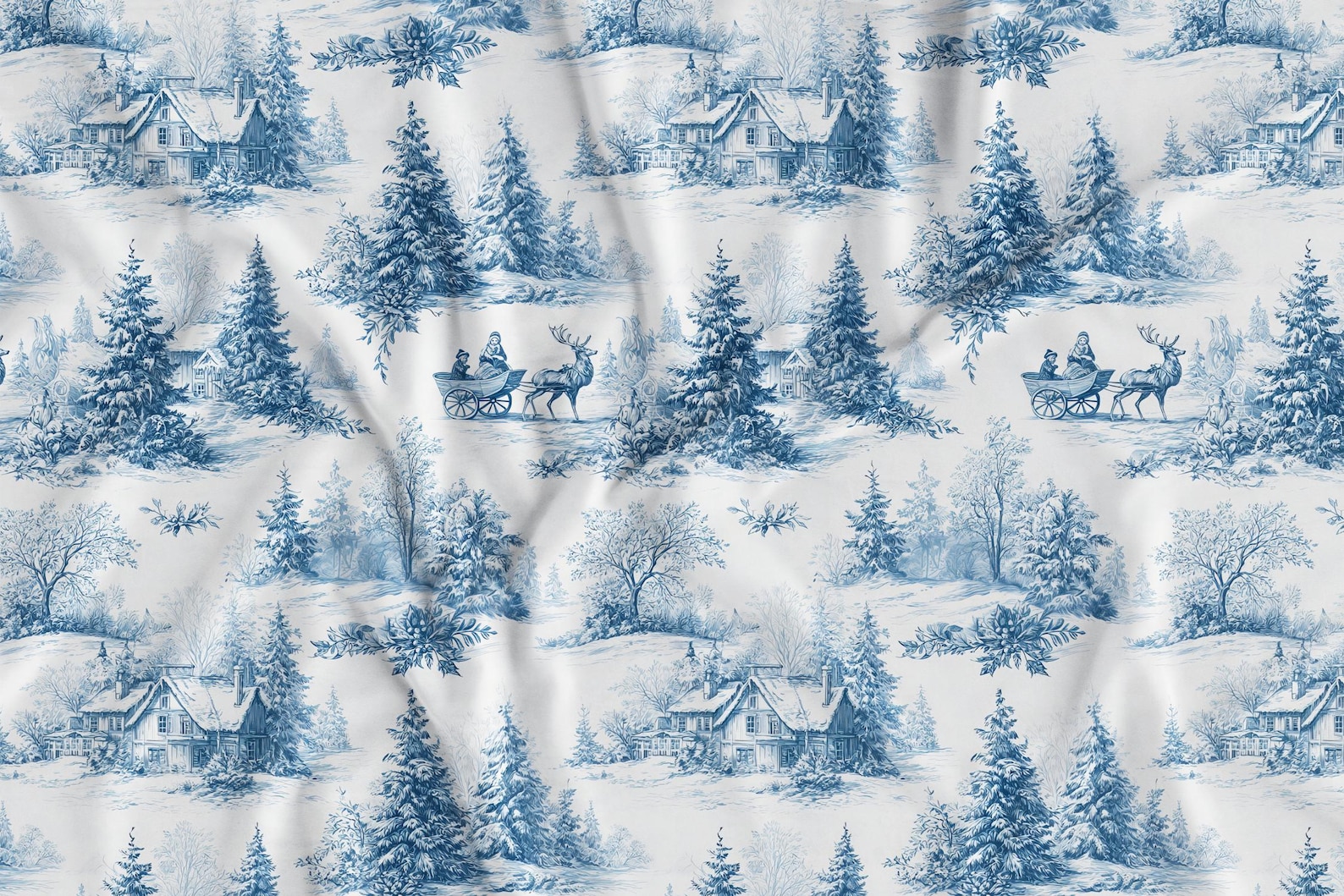 Vintage Winter Toile Seamless Pattern Blue White Snowy Village Scene ...