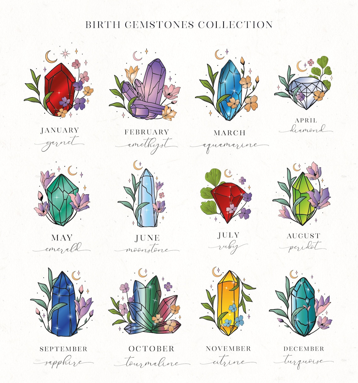 Hand Painted Birthstones Gems Illustration Collection, Set of Healing ...