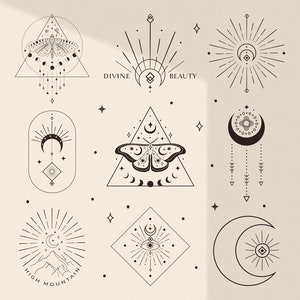 Divine Beauty Pre-made Logo Designs. Eyes, Stars, Moon, Sunbursts, Moth ...