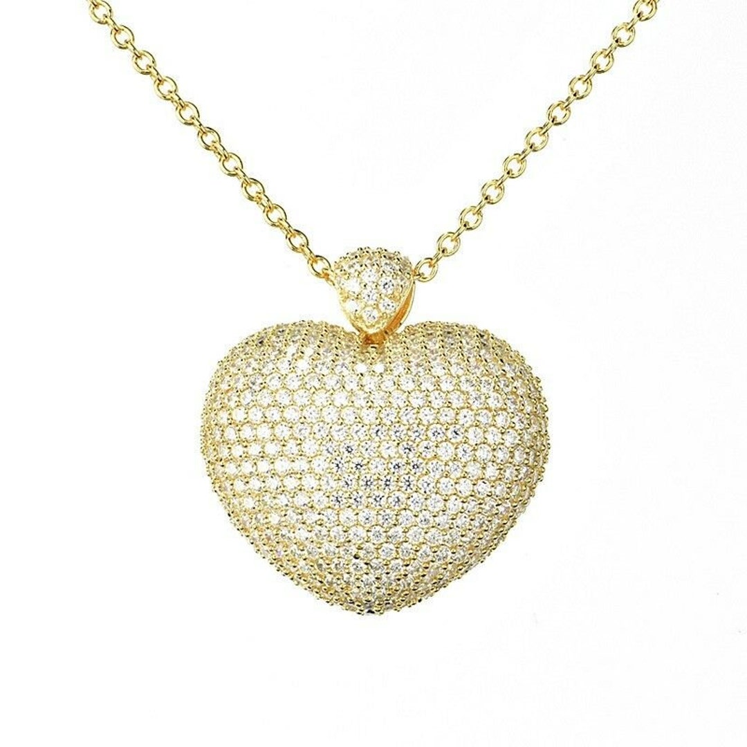 Puffed Heart Necklace,pave Signity CZ Artsy Sterling Silver Puffed ...