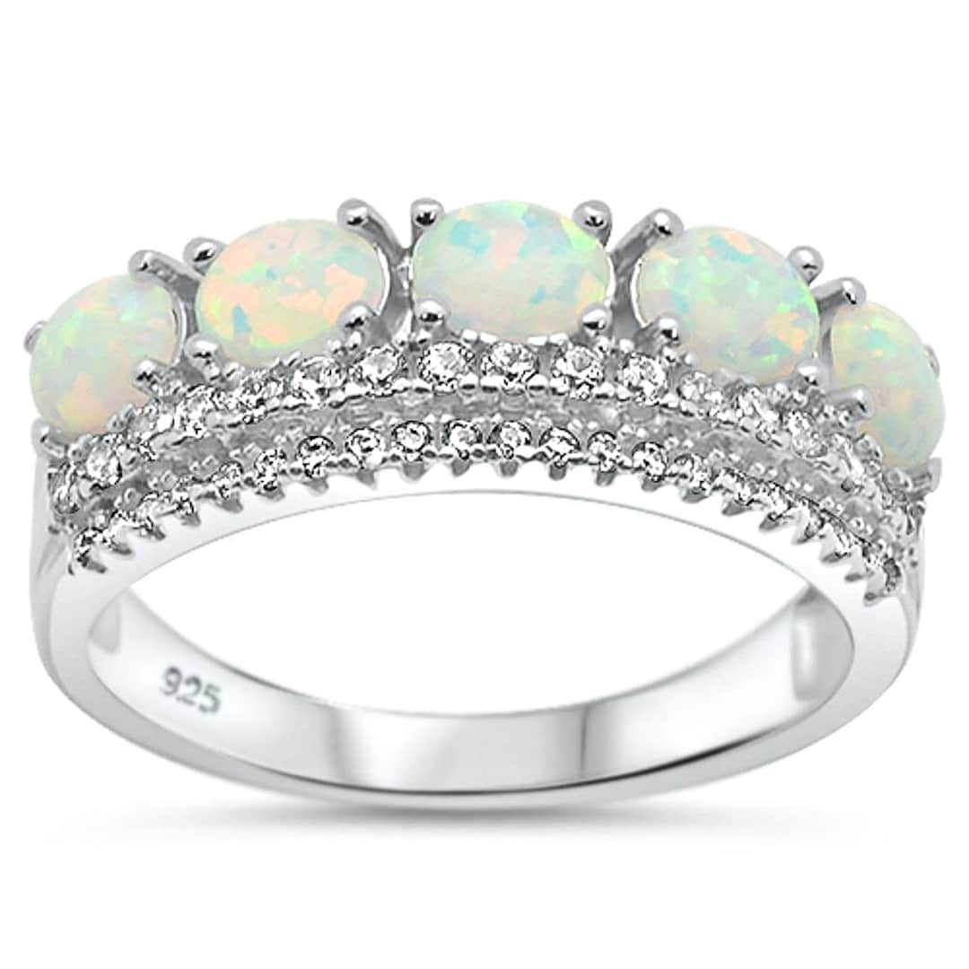 Opal Crown Rings-white Lab Opal & CZ Crown Sterling Silver Ring-wedding ...