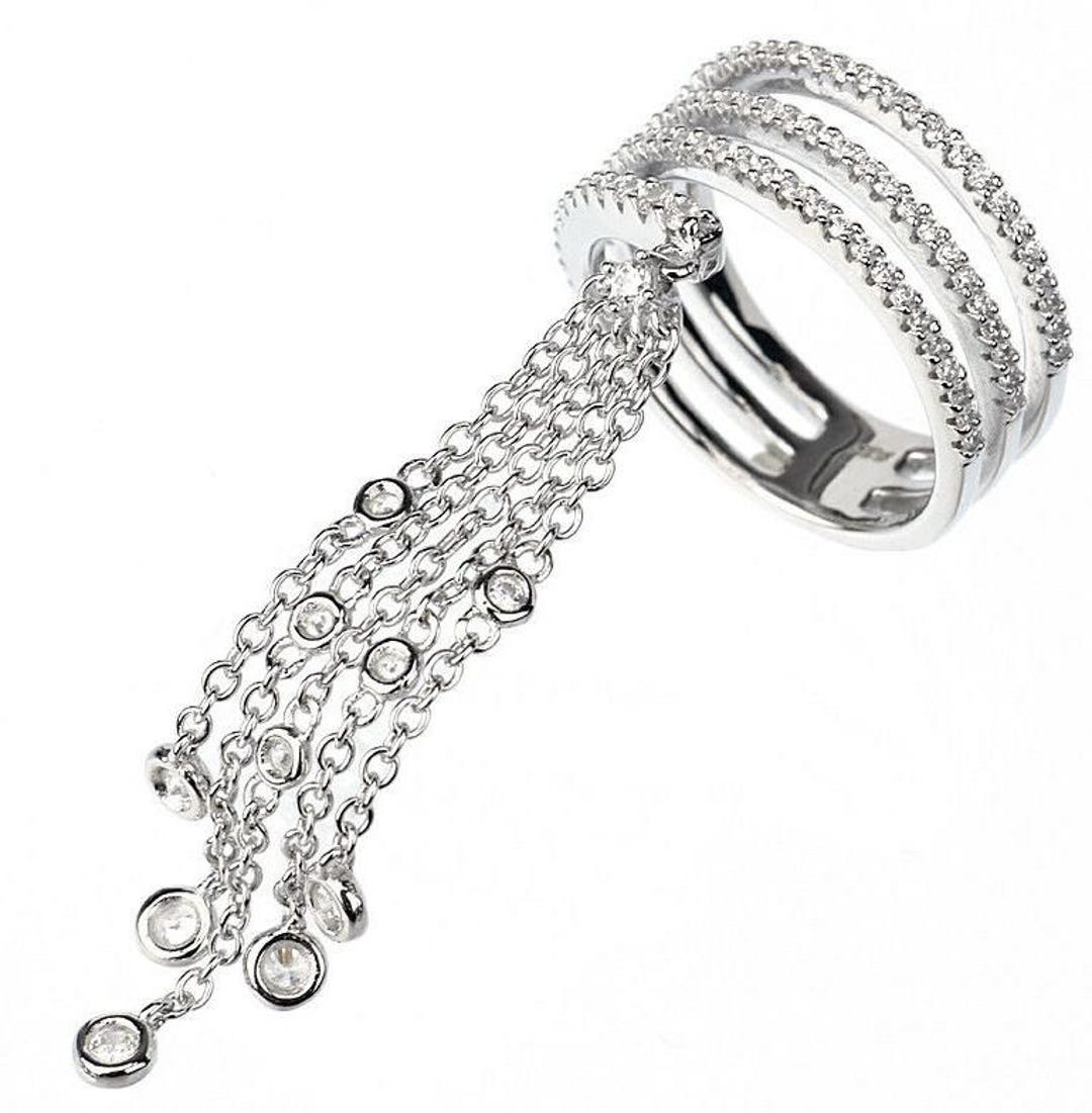 Spiral CZ Tassel Ring: 14K Vermeil Sterling Silver Waterfall Chain - Etsy