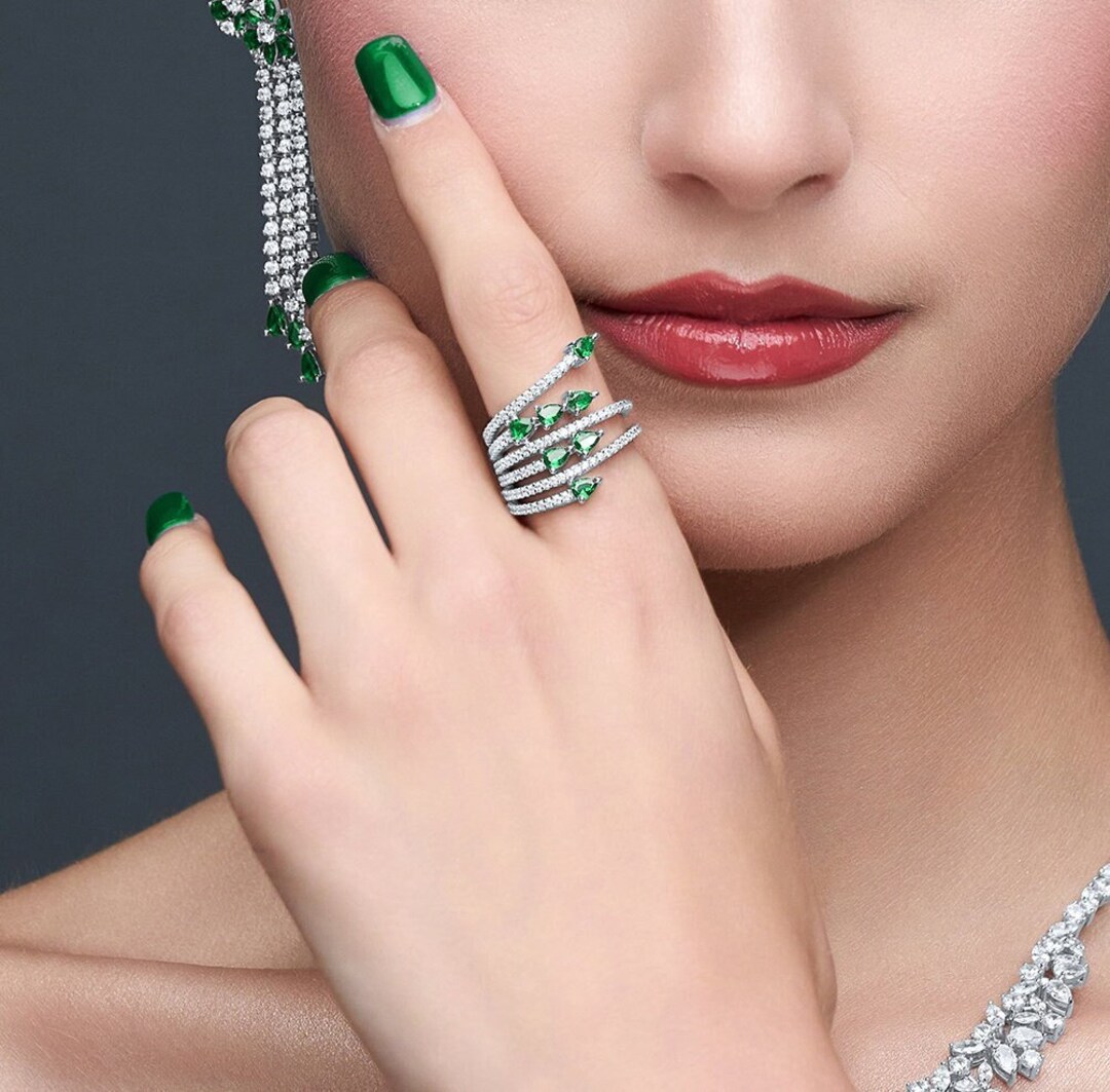 Pave & Green Pear VVS D Color Diamond CZ Sterling Silver Wrap Around ...