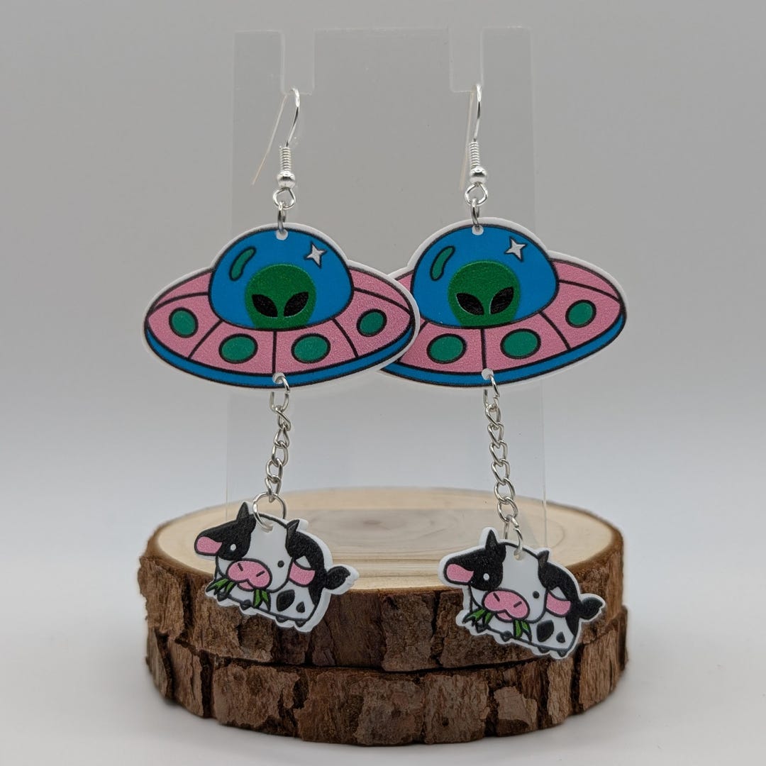 Quirky Alien Cow UFO Abduction Earrings - Etsy