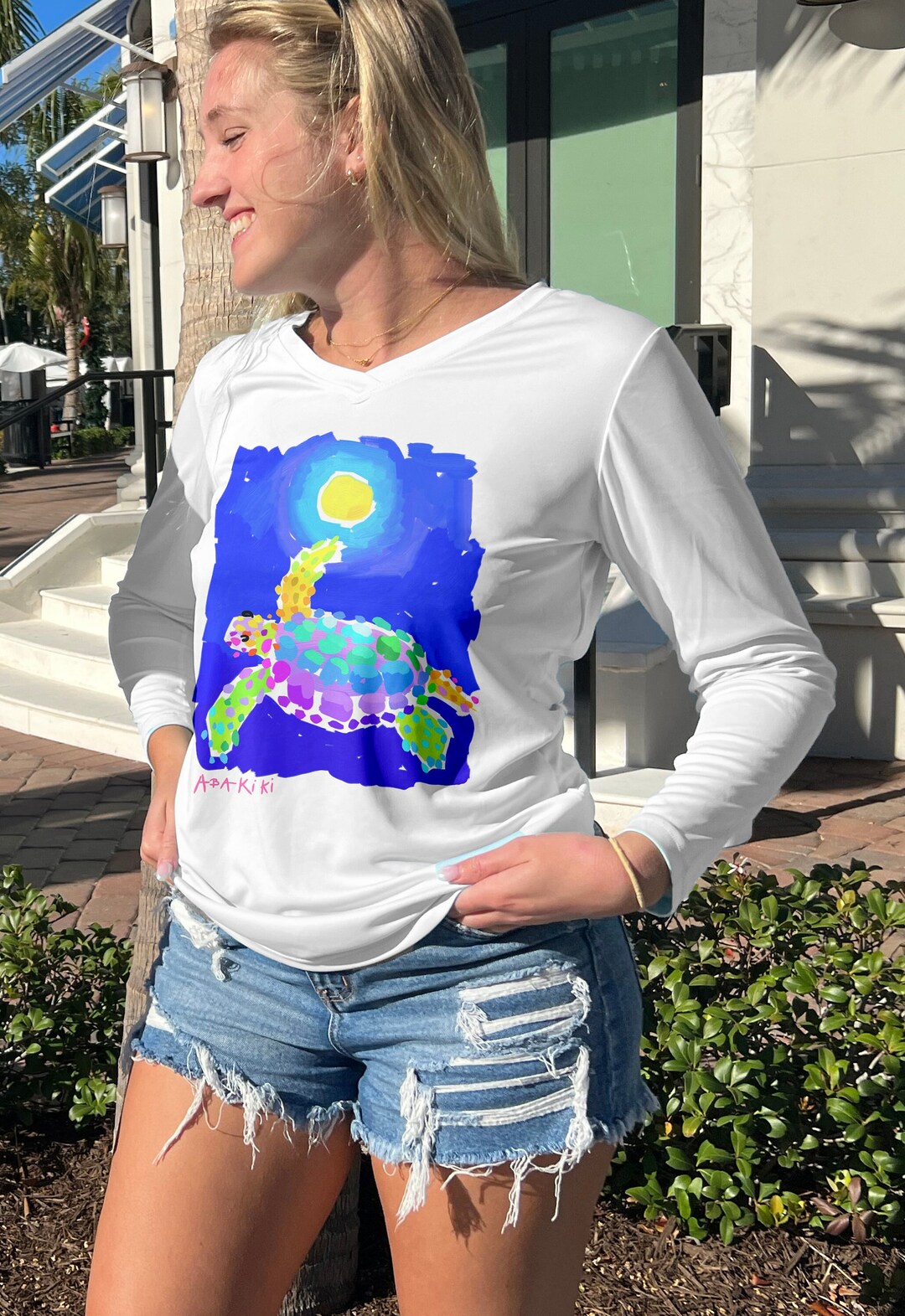 Turtle Moon by Abakiki™ Ladies V Neck Performance Long Sleeve Shirt ...