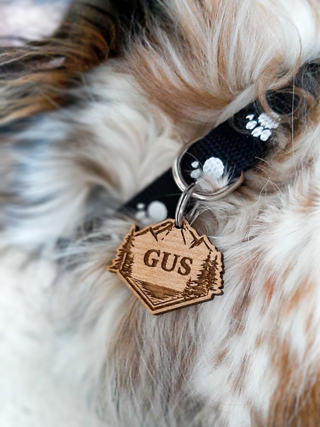 Custom Wood Dog Tag With Mountain and Tree Design | Wooden Personalized ...