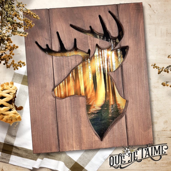 Wooden frame with deer shape and forest landscape in autumn | Etsy