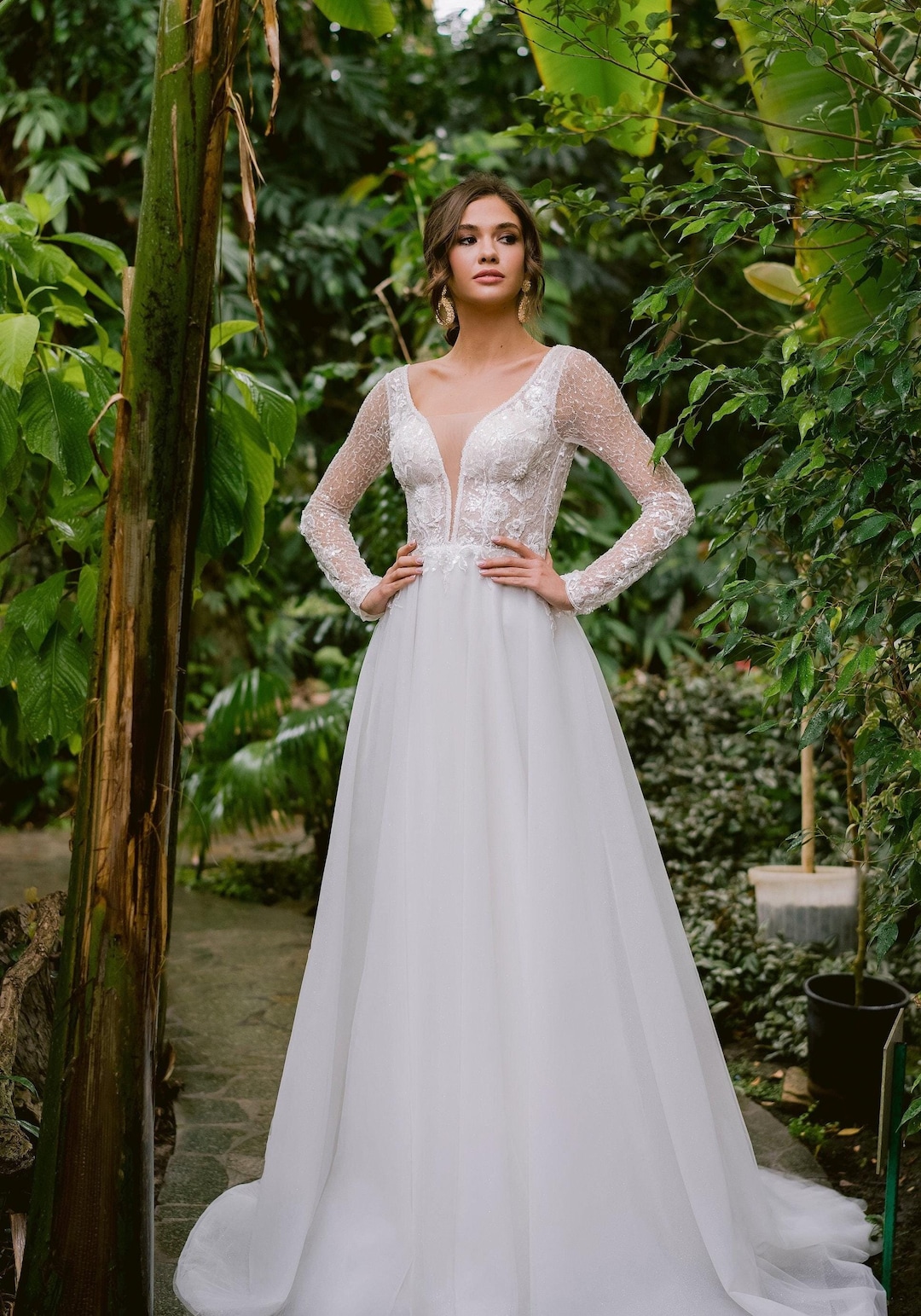 Open Back Long Sleeves Wedding Gown, Shimmering Tulle Wedding Dress ...