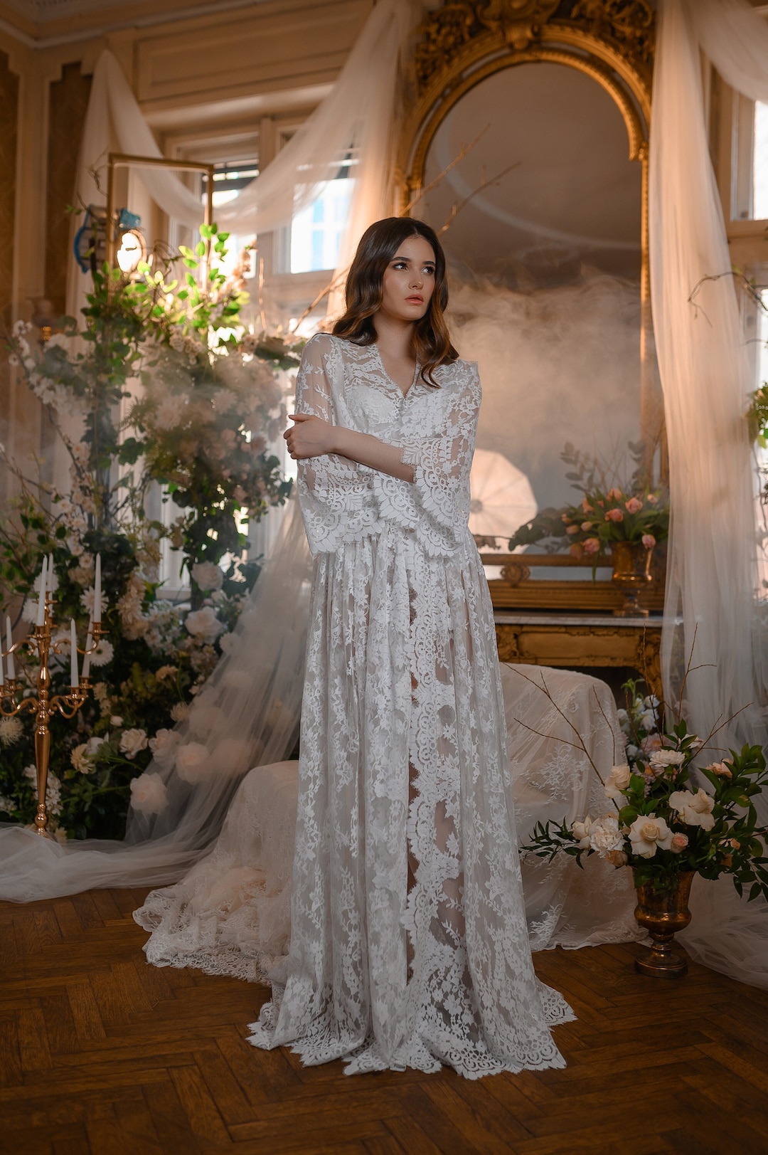 Lace Bridal Robe, Long Lace Robe, Sheer Robe, Wedding Day, Boudoir Robe ...