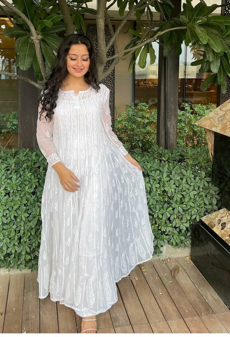 White Chikankari Anarkali Kurta, Lucknowi Ethnic Dress - Etsy