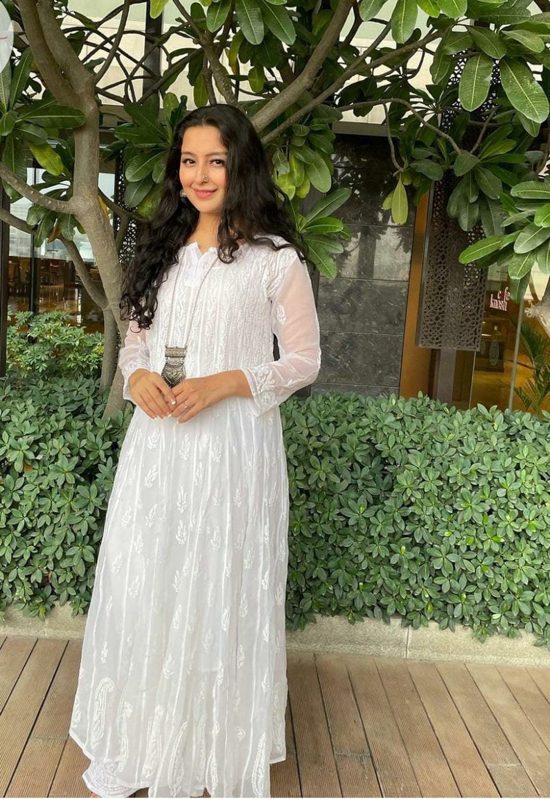 White Chikankari Anarkali Kurta, Lucknowi Ethnic Dress - Etsy
